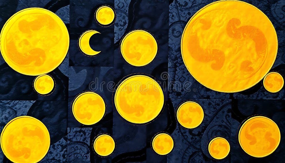 Yellow Moons and Crescent Moon Pattern on Dark Blue Background ...