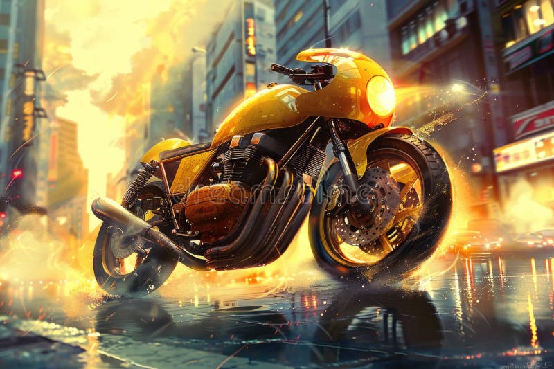 A Yellow Motorcycle on a City Street at Night Stock Photo - Image of ...