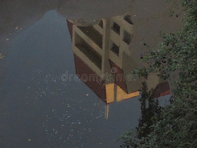 A Yellow Multi-storey House and a Tree are Reflected in a Puddle Stock ...
