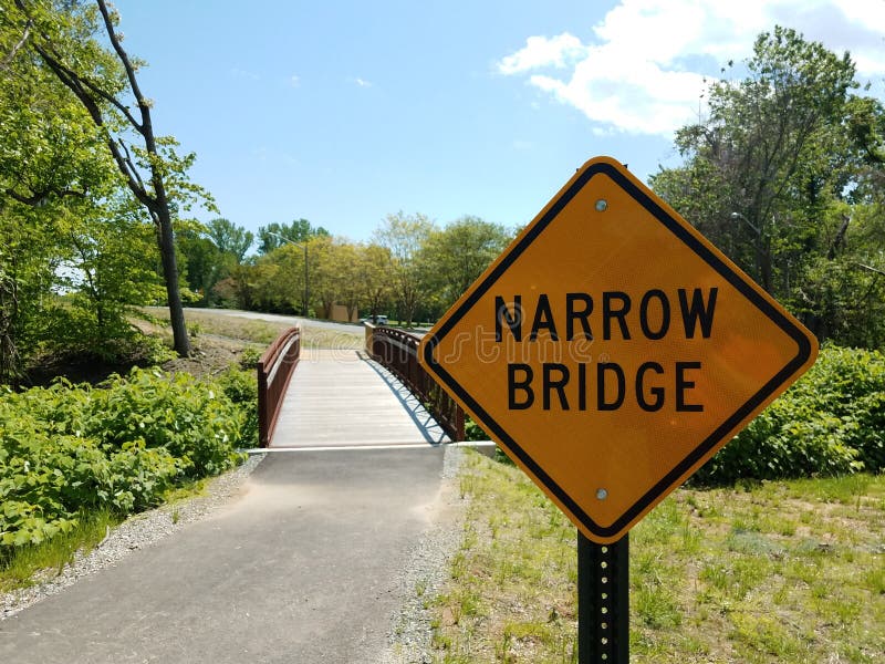 Yellow Narrow Bridge Sign and Asphalt Trail and Bridge Stock Photo ...