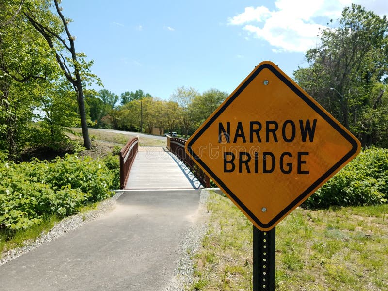 Yellow Narrow Bridge Sign with Bridge or Path and Trees Stock Image ...