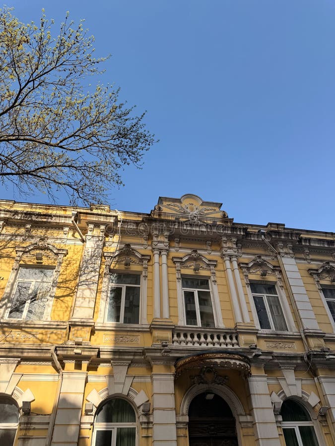 Yellow Neoclassical Building Facade with Decorative Columns and Arched ...