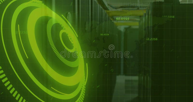 Yellow Neon Glowing Round Scanner and Multiple Numbers Floating Against ... Yellow Neon Glowing Round Scanner and Multiple Numbers Floating Against ...