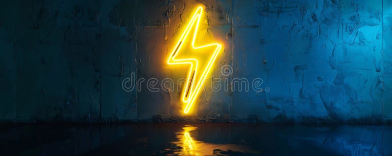Yellow Neon Lightning Bolt on a Blue Textured Wall Stock Image - Image ...