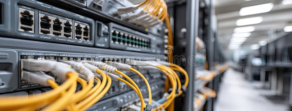 Yellow Network Cables are Connected To the Back Panel of a Server Rack ...