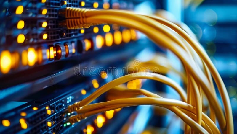 Yellow Network Cables Connected To Server Boxes in an Office ...