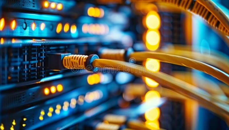 Yellow Network Cables Connected To Server Boxes in an Office ...