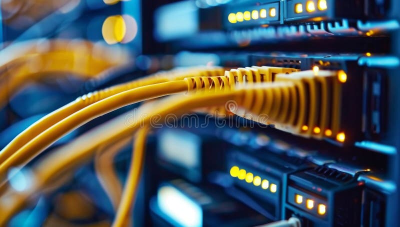 Yellow Network Cables Connected To Server Boxes in an Office ...