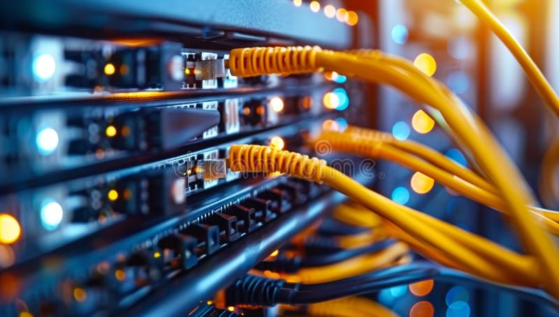 Yellow Network Cables Connected To Server Boxes in an Office ...