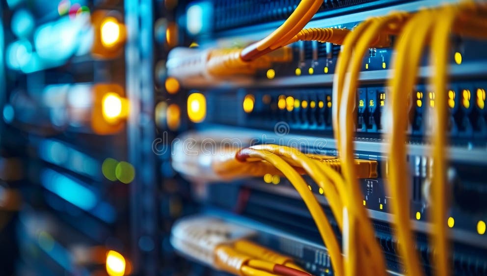 Yellow Network Cables Connected To Server Boxes in an Office ...