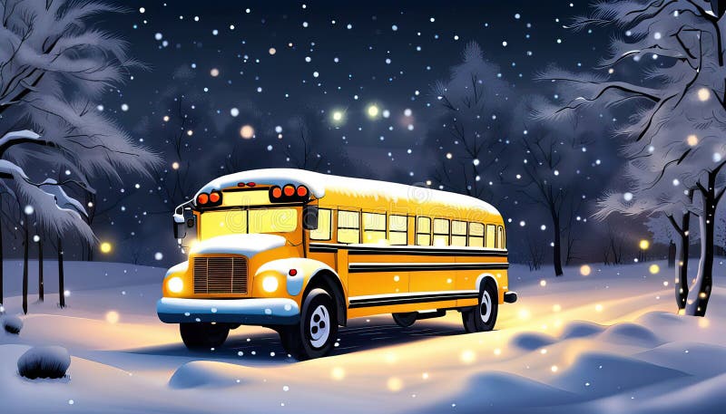 Yellow night bus in winter stock illustration. Illustration of driving ...