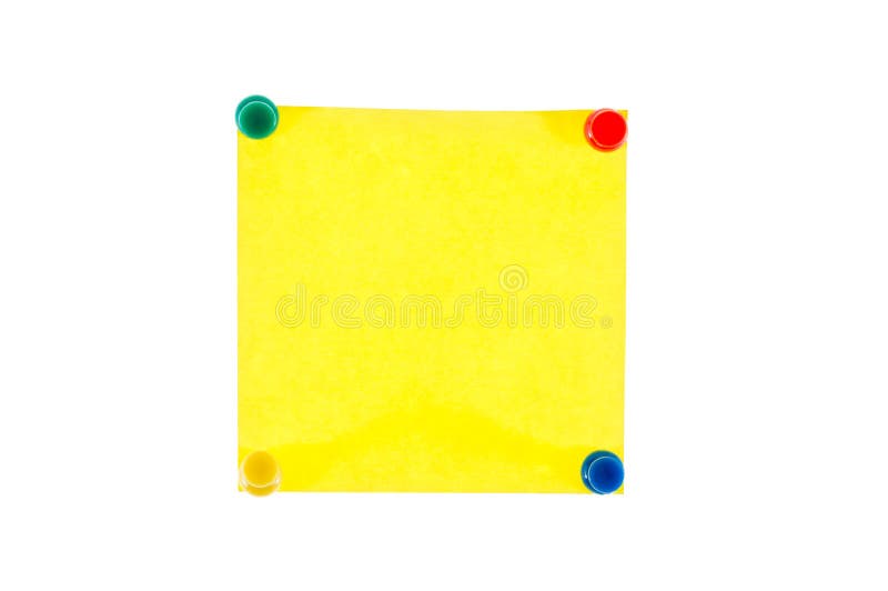 Yellow Note with Pins on White Background Stock Photo - Image of white ...