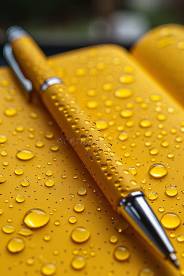 A Yellow Notebook with Water Droplets on it and a Pen, AI Stock ...