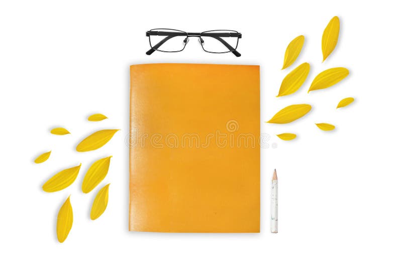 Yellow Notebook, Yellow Petals, Glasses and Pencil on White Background ...
