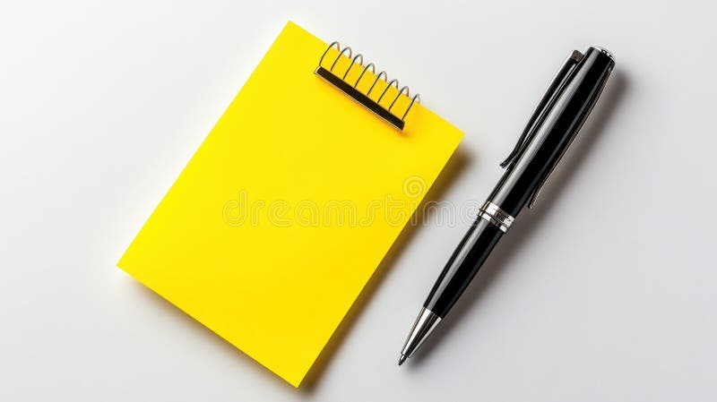 Yellow Notepad and Black Pen on a White Surface Stock Image - Image of ...