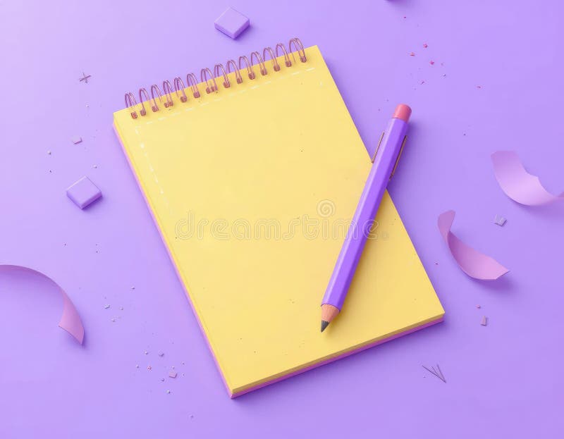 Yellow Notepad with Purple Pencil on Lavender Background Mockup Stock ...