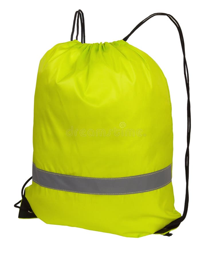 Yellow Nylon Drawstring Bag with Reflective Tape, Isolated Over White ...