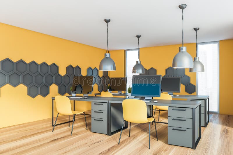 Yellow Office Interior with Hexagons Stock Illustration - Illustration ...