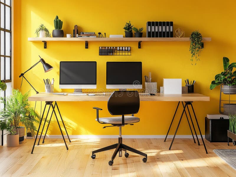 Yellow Office Dual Monitor Workstation Stock Illustration ...