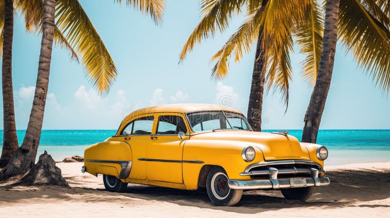 Yellow Old Car Parked on a Tropical Beach Stock Illustration ...