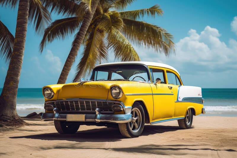 Yellow Old Car Parked on a Tropical Beach Stock Illustration ...