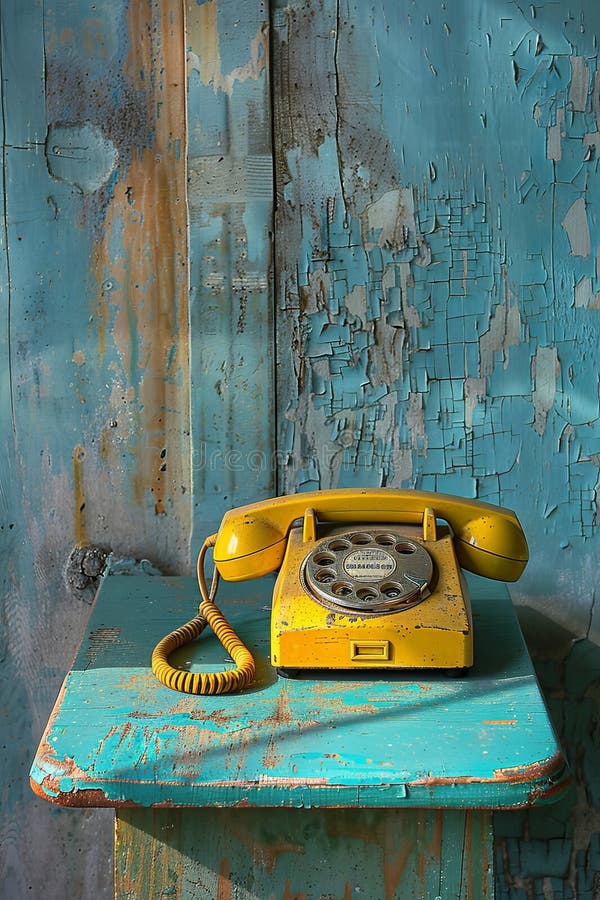 Yellow Old Phone on the Blue Table Stock Illustration - Illustration of ...