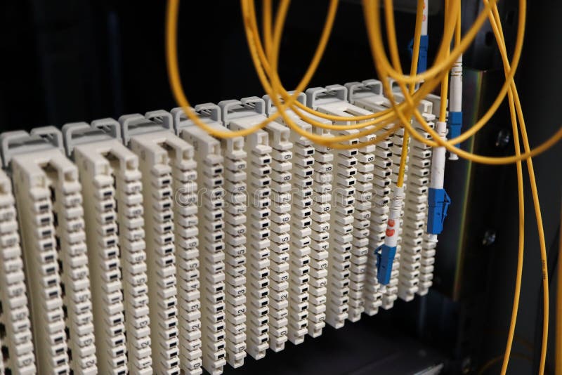 Yellow Optical Fiber Network Cable with Blue Connectors Isolated on ...