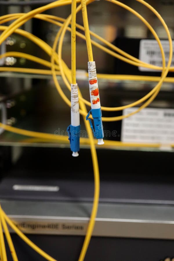 Yellow Optical Fiber Network Cable with Blue Connectors Isolated on ...