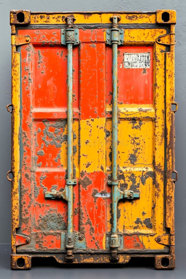 A Yellow and Orange Container Sitting on Top of a Gray Surface Stock ...