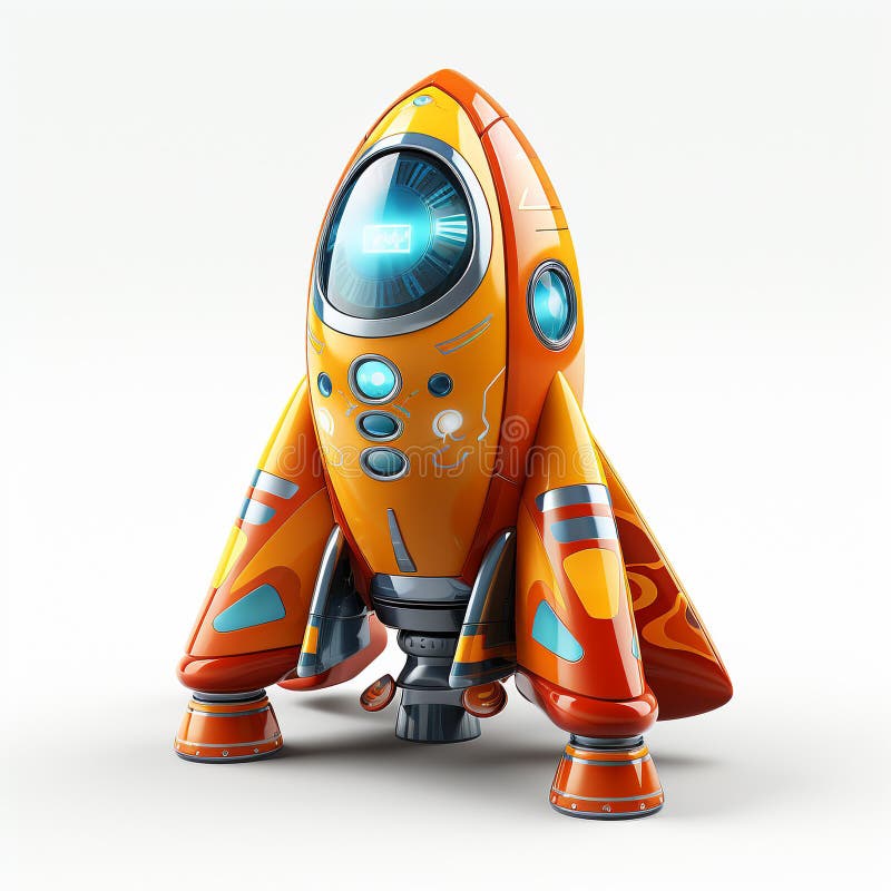 Yellow and Orange 3D Little Rocket Cartoon Style Isolated on White ...