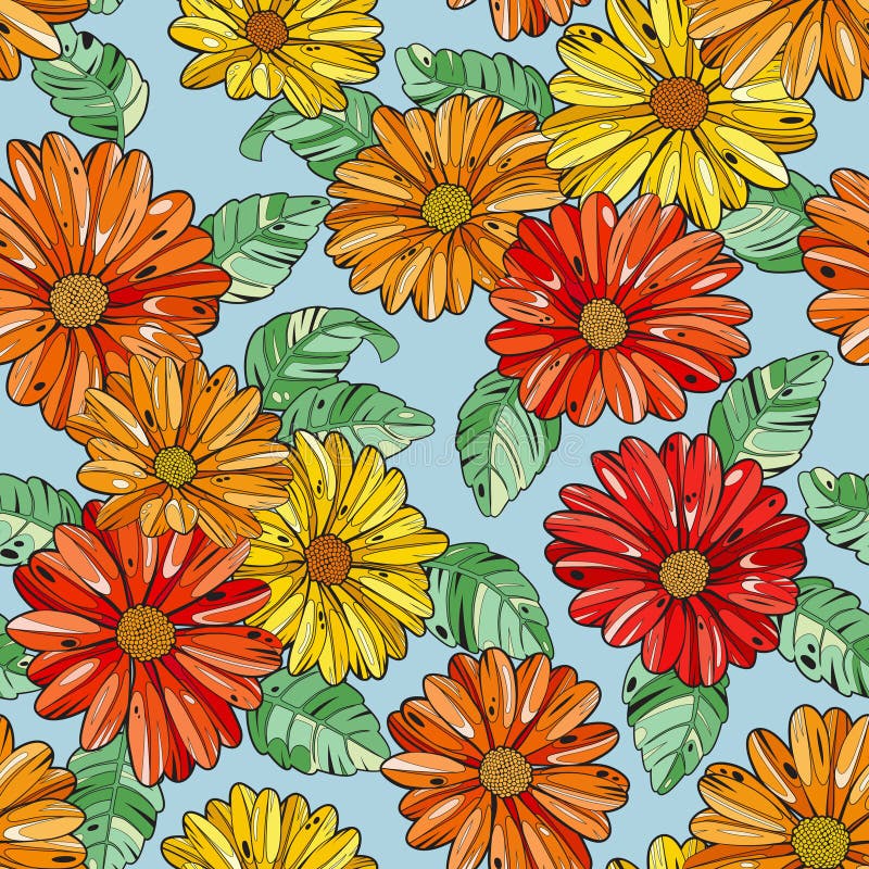 Yellow and Orange Daisies. Seamless Floral Pattern. Vector Illustration ...