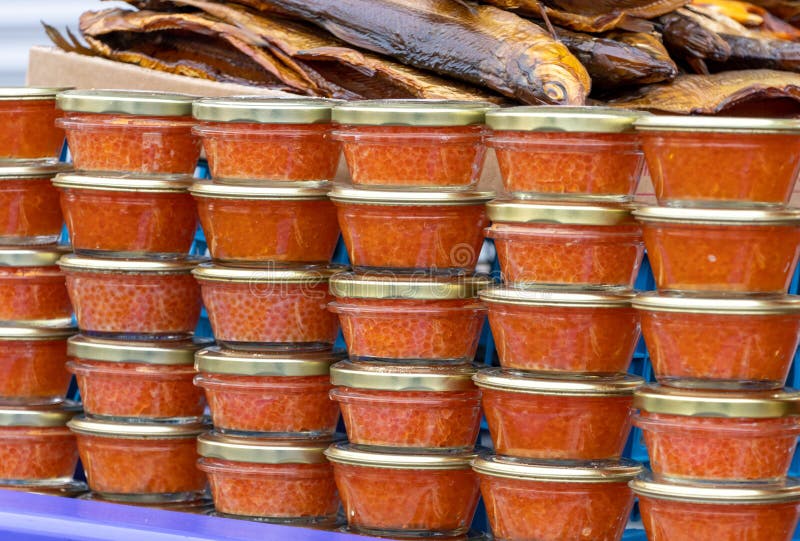 Yellow Orange Fish Roe Caviar in Glass Jar Stock Photo - Image of ...