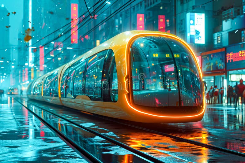 Yellow and Orange Train is Shown in Rainy Urban Setting at Night ...