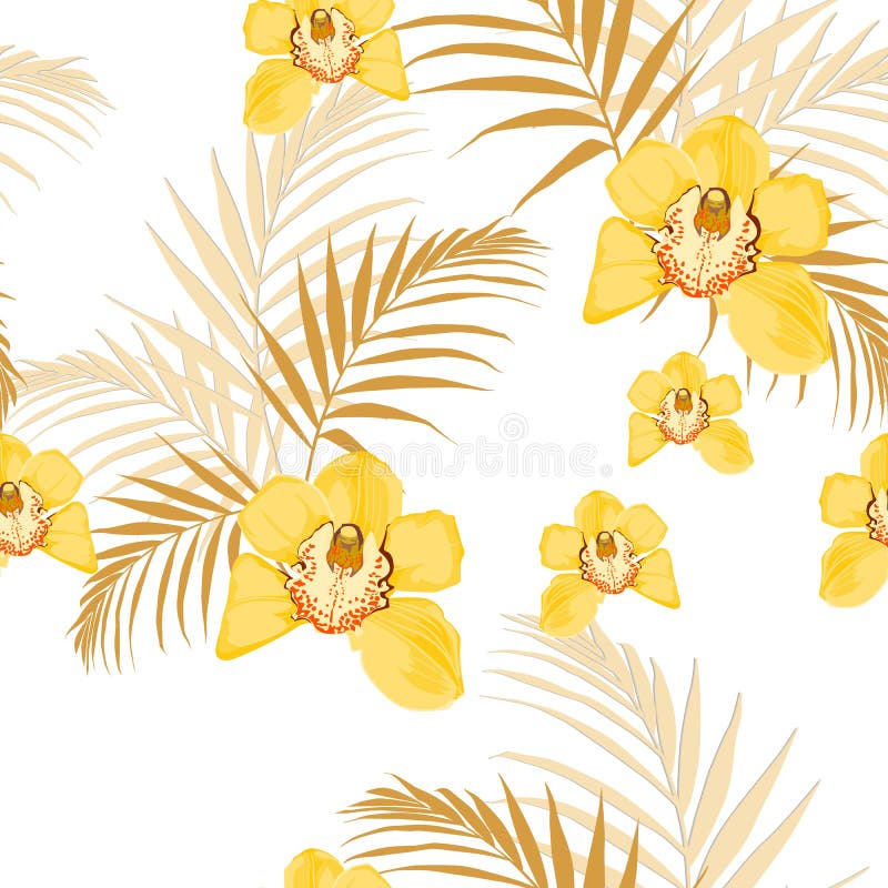 Yellow Orchids, Exotic Yellow Tropical Leaves. Seamless Pattern Stock ...