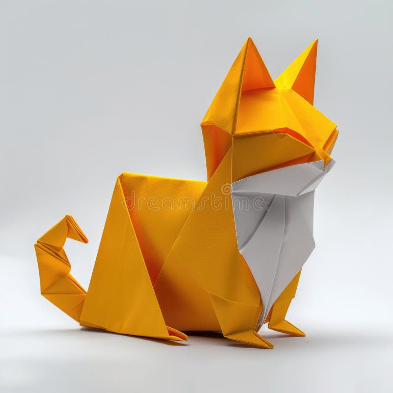 A Yellow Origami Cat Sitting on a White Surface, Origami Craft ...