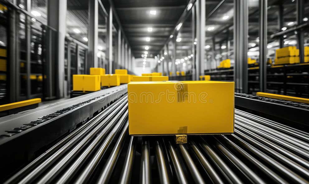 Yellow Package on Conveyor Belt in Modern Warehouse with Storage Racks ...