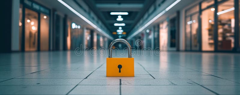 Yellow Padlock in an Empty Shopping Mall Corridor, Security and ...