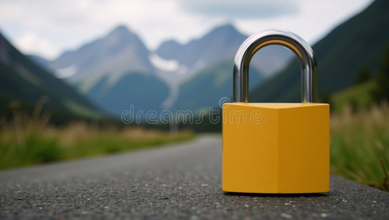 Yellow Padlock on Mountainous Path Signifies Encryption Data Protection ...