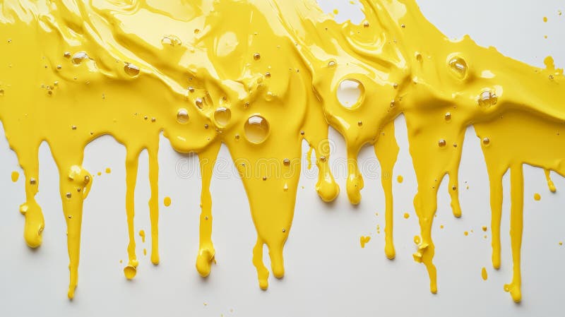 Yellow Paint Dripping on White Surface with Glossy Texture and Bubbles ...
