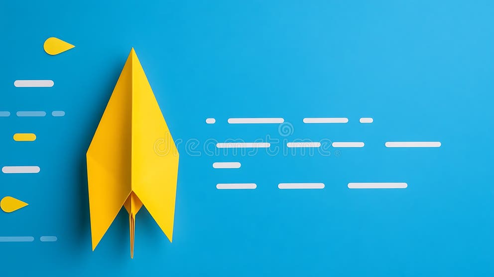 Yellow Paper Airplane in Motion on Blue Background Stock Illustration ...