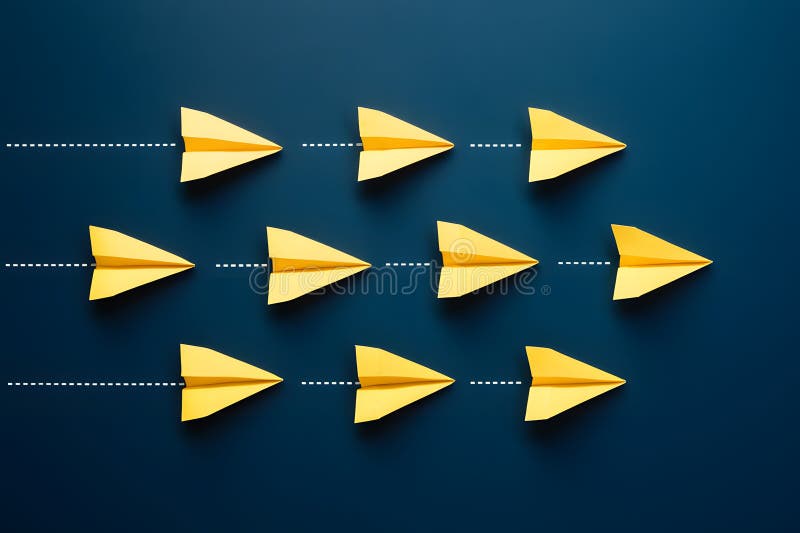 Yellow Paper Airplanes Form a Cohesive Pattern Against a Vibrant Blue ...