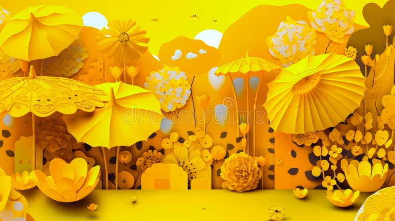 Yellow Paper Flowers and Umbrellas on Yellow Background. Generative AI ...