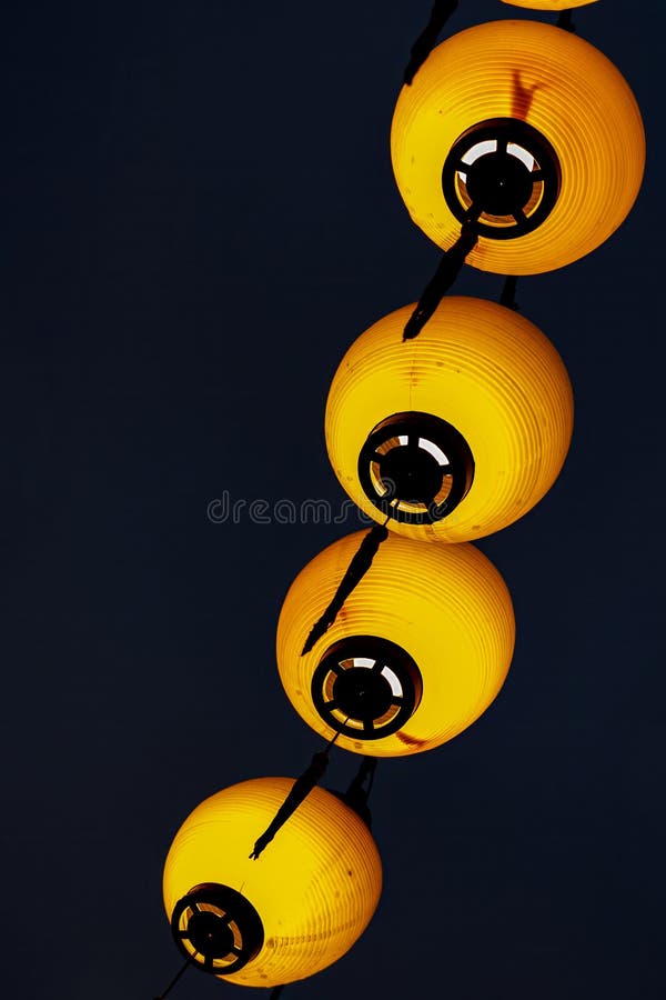 Yellow Paper Lantern Display on Night Sky Stock Image - Image of ...