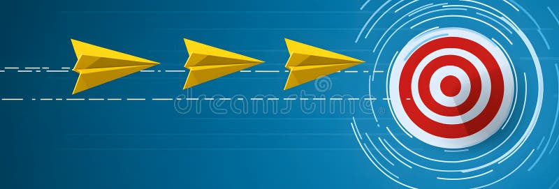 Yellow Paper Planes Aiming at Target on Blue Background Representing ...