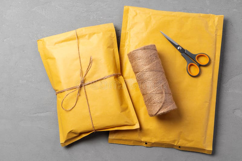 Lot of Yellow Paper Postal Envelopes. Top View. Stock Photo - Image of ...