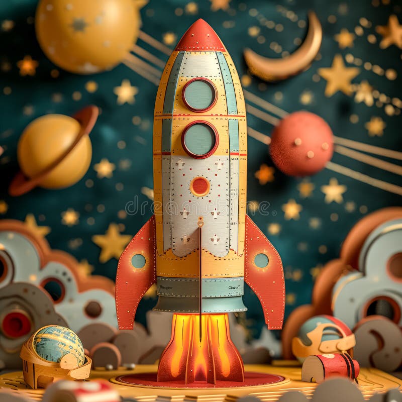 A Yellow Paper Rocket is Sitting on a Table with a Blue Background ...
