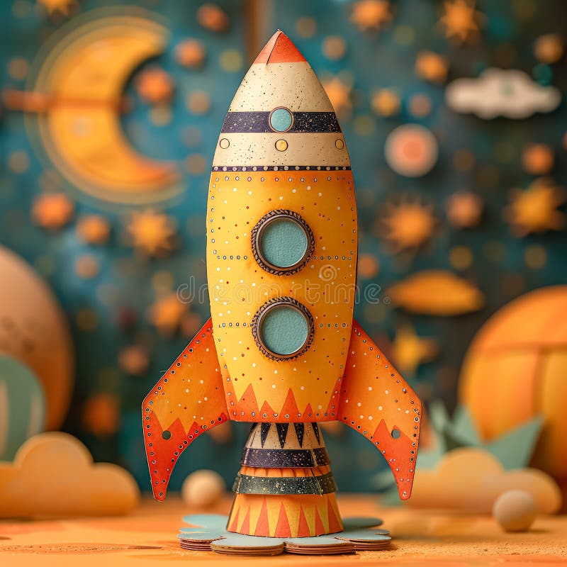 A Yellow Paper Rocket is Sitting on a Table with a Blue Background ...