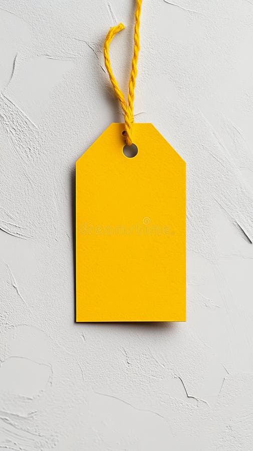 Yellow Paper Tag with String on Textured Wall, Minimal Concept Stock ...