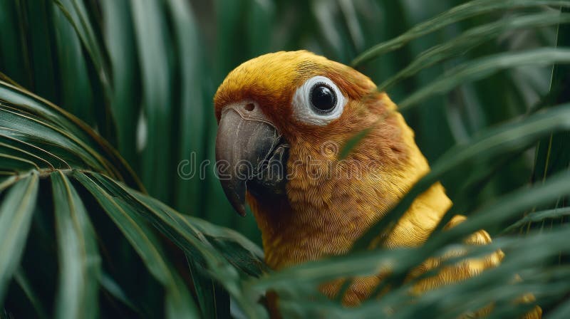 Yellow Parrot among Lush Green Tropical Foliage Stock Illustration ...
