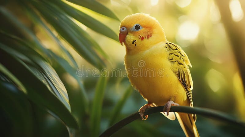 Yellow Parrot Perched Tropical Foliage Sunset Aviary Stock Illustration ...